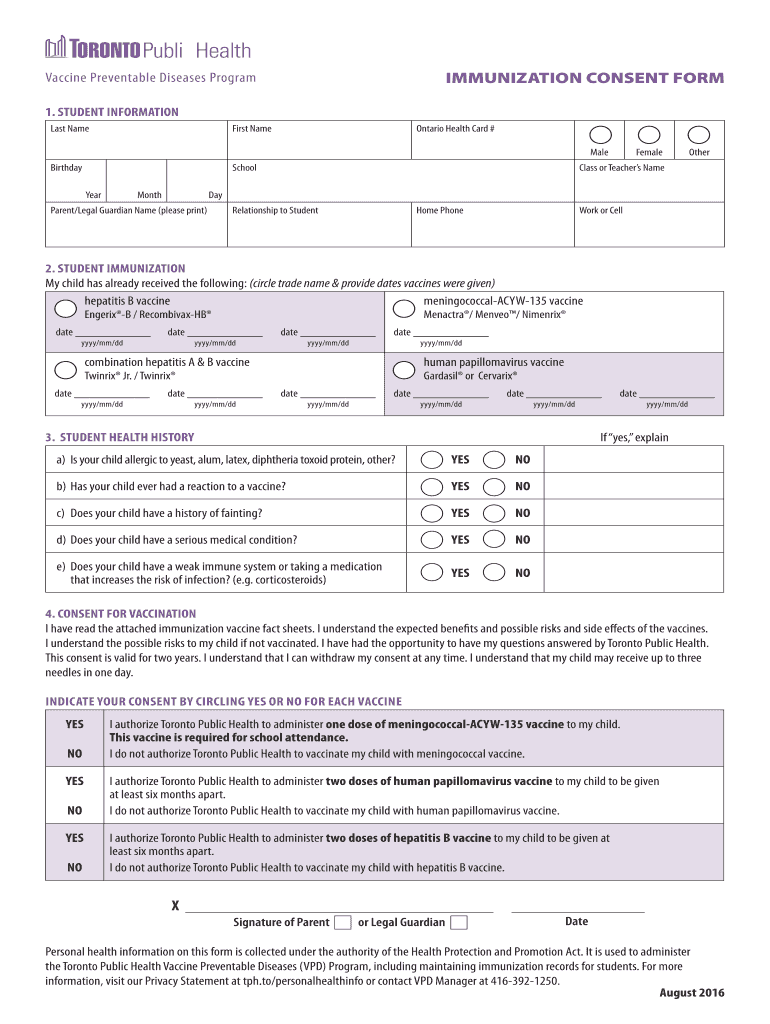 Fillable Online Grade 7 immunization consent form August 2016 Fax Email ...