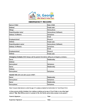 Fillable Online stgeorgeminischool EMERGENCY RECORD ...