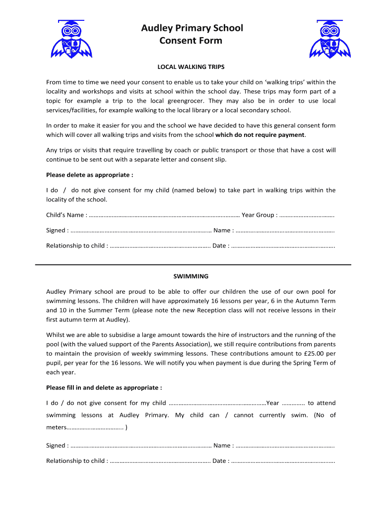 Fillable Online audleyprimary 5. Consent Form Walking Trips & Swimming ...