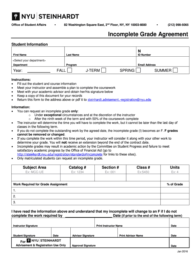 Fillable Online steinhardt nyu Incomplete Grade Agreement - NYU ...