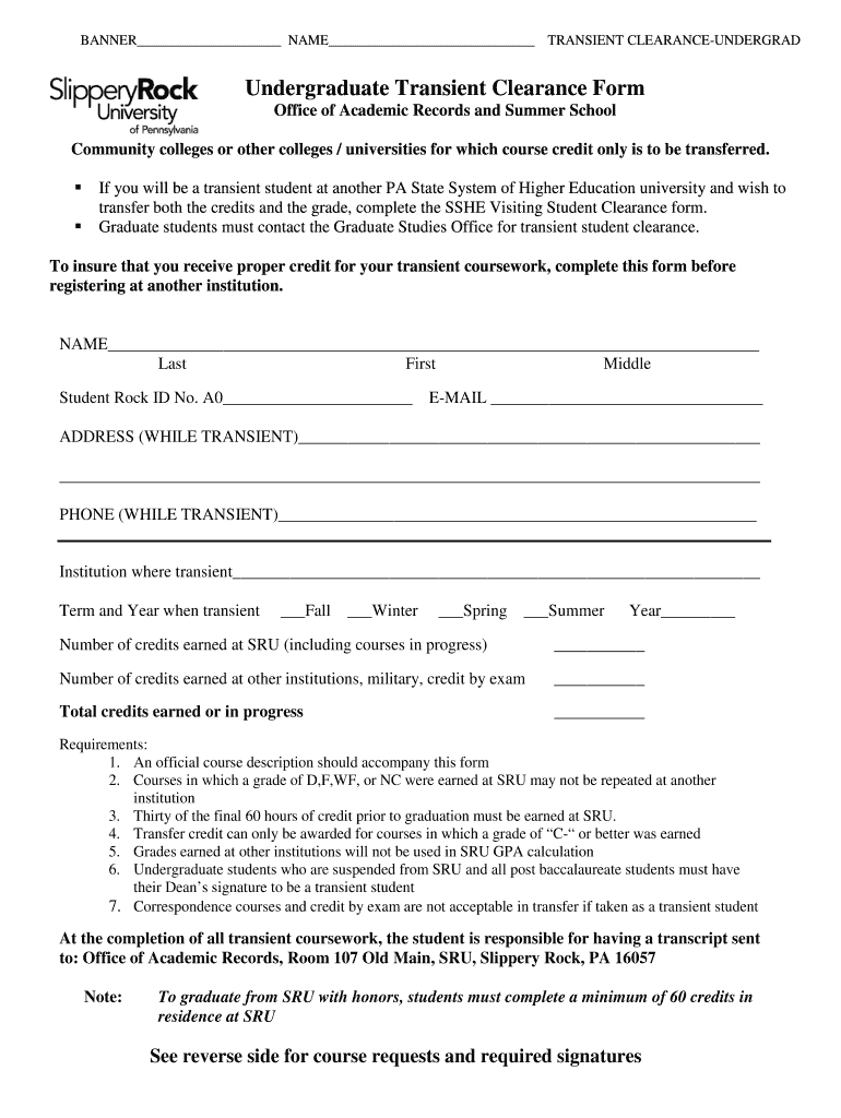 Fillable Online sru Undergraduate Transient Clearance Form - Slippery ...