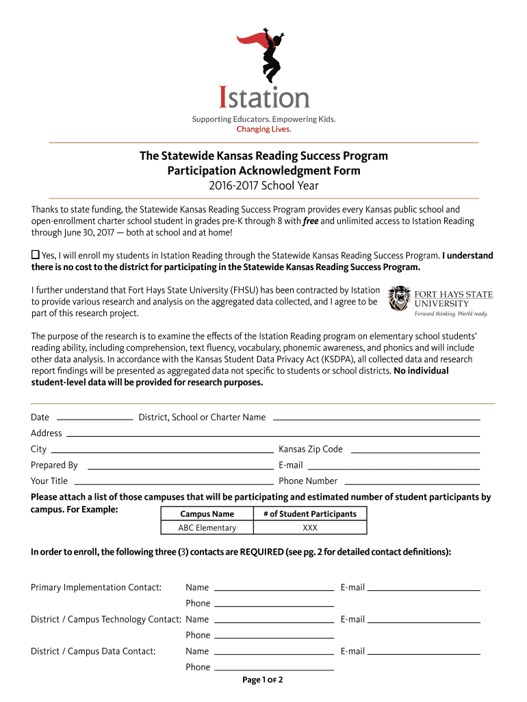 Fillable Online Participation Acknowledgment Form - Istation Fax Email Print - pdfFiller