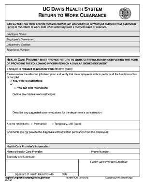 Fillable Online ucdmc ucdavis RETURN TO WORK CLEARANCE Fax Email Print - pdfFiller
