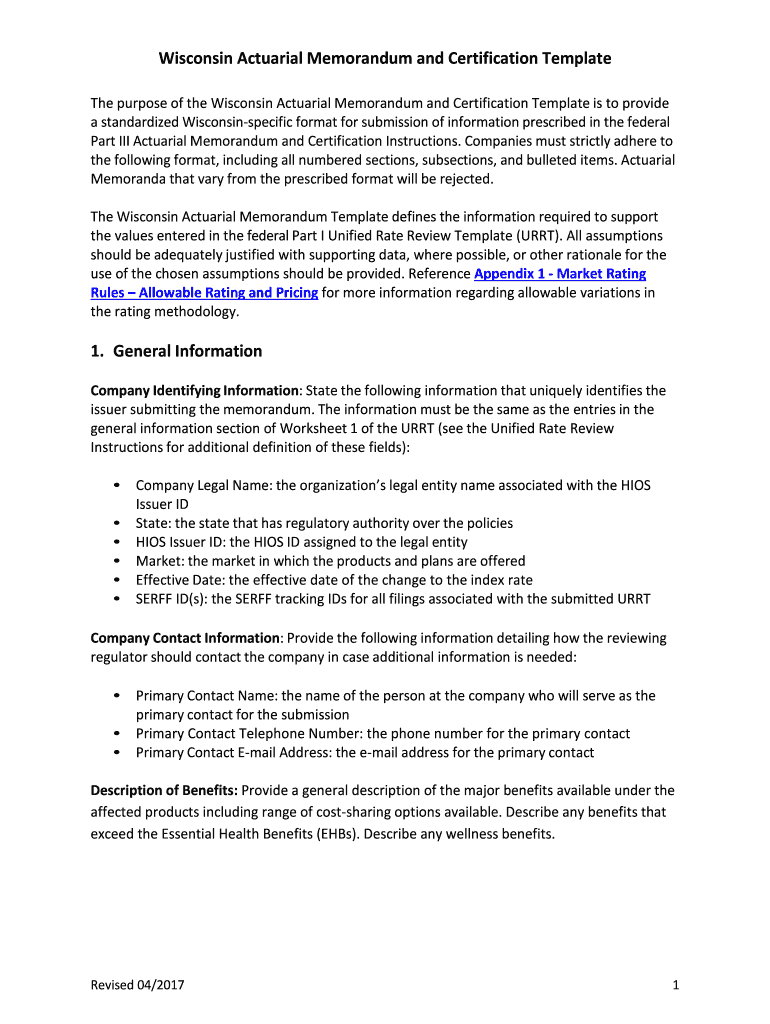 Fillable Online Wisconsin Actuarial Memorandum and Certification ...