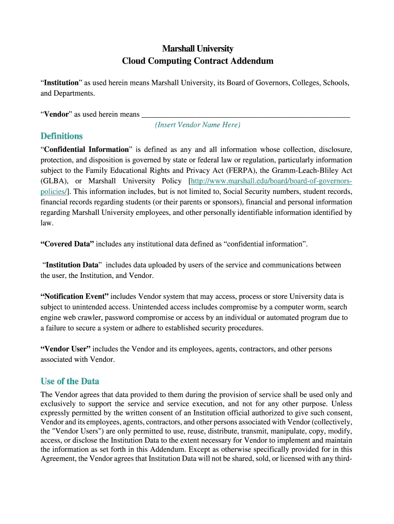 Fillable Online marshall Cloud Computing Contract Addendum Fax Email Print - pdfFiller