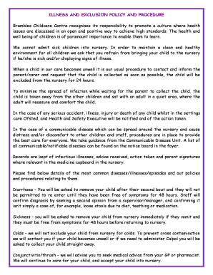 Fillable Online brambleschildcare co ILLNESS AND EXCLUSION POLICY AND ...