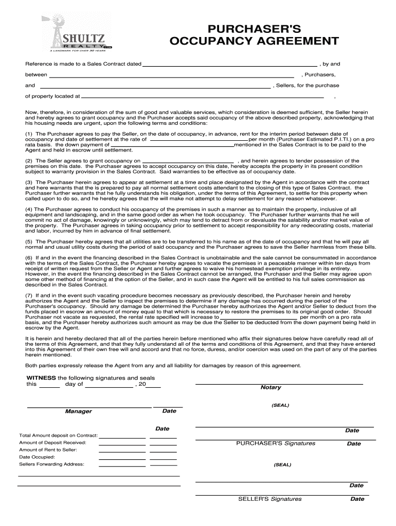 Fillable Online purchaser's occupancy agreement - William S. Shultz Fax ...