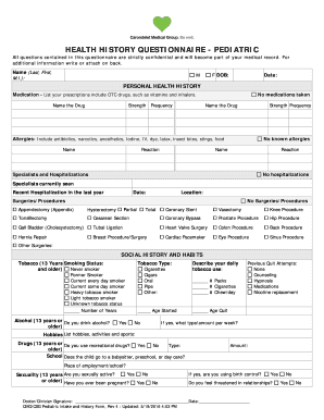 Fillable Online HEALTH HISTORY QUESTIONNAIRE - PEDIATRIC Fax Email ...