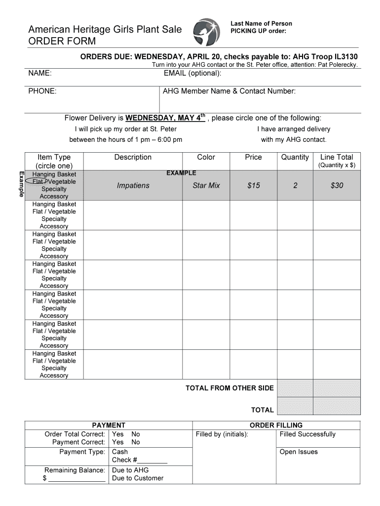 Fillable Online fulllifeinchrist AHG Flower ORDER Form ...