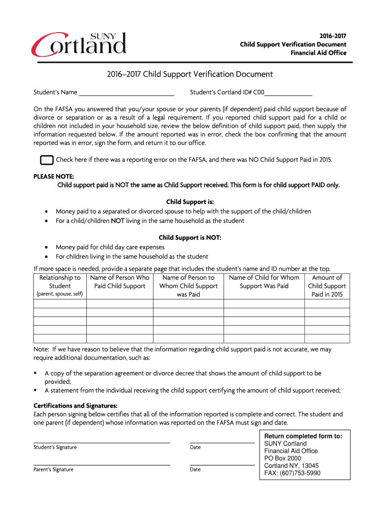 Fillable Online www2 cortland Child Support Verification Document ...