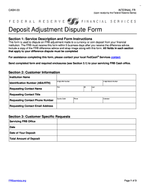 Fillable Online frbservices Deposit Adjustment Dispute Form. CASH-03 ...