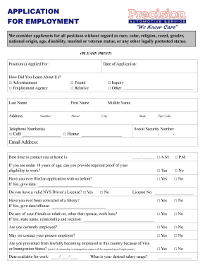 Fillable Online EMPLOYMENT APPLICATION 2060 1269 Precision Automotive ...
