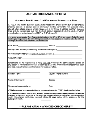 Fillable Online AUTOMATIC RENT PAYMENT (ACH) ENROLLMENT/AUTHORIZATION FORM Fax Email Print ...