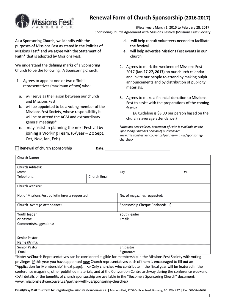 Fillable Online 2016-17 Renwal Church Sponsorship Form Church Fax Email ...