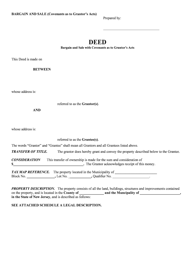 Fillable Online BARGAIN AND SALE (Covenants as to Grantor s Acts) Fax ...