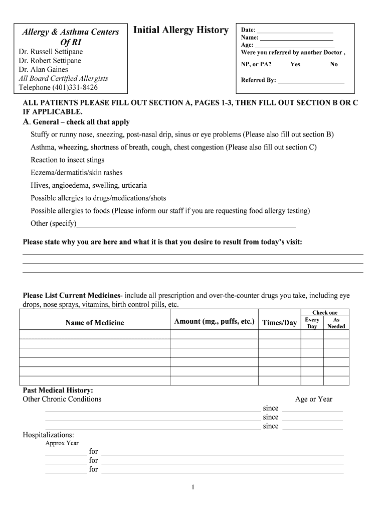 Fillable Online Initial Allergy History - Allergyasthmacenters.com ...
