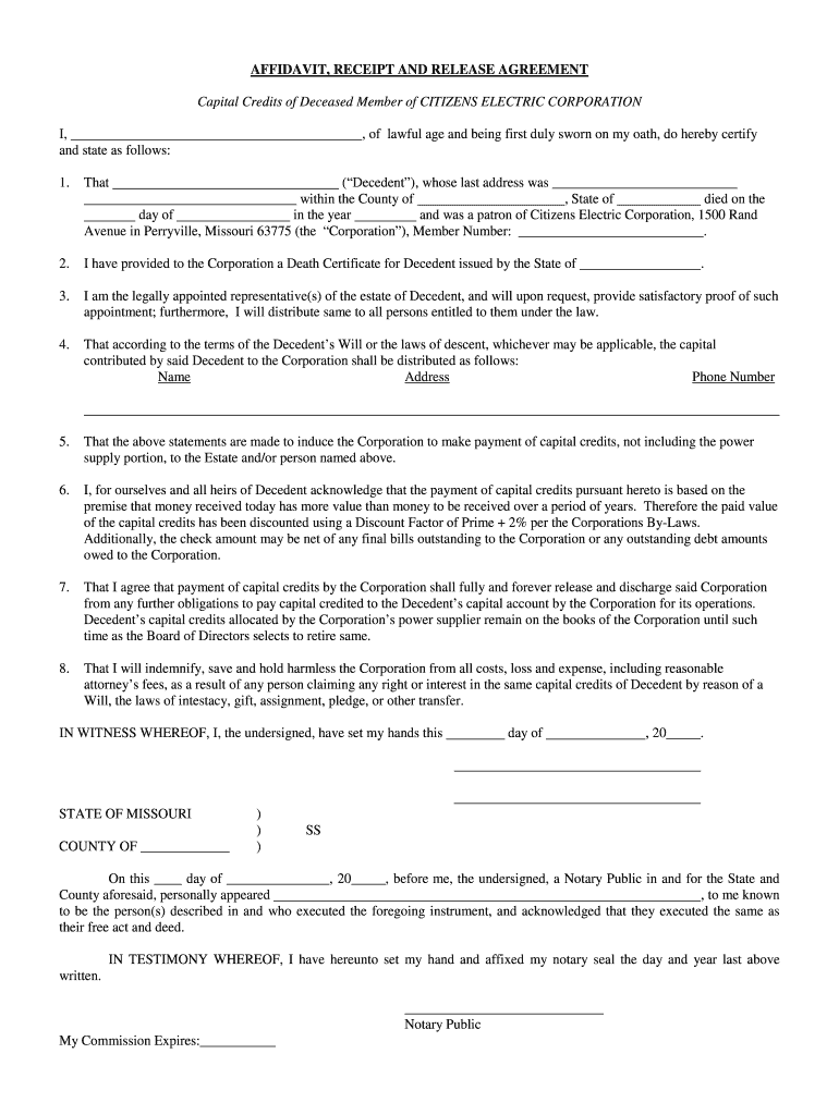Fillable Online AFFIDAVIT, RECEIPT AND RELEASE Fax Email Print - pdfFiller