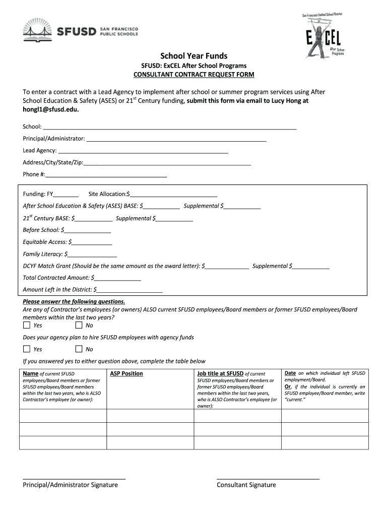 Fillable Online SFUSD: ExCEL After School Programs CONSULTANT CONTRACT ... Fax Email Print ...