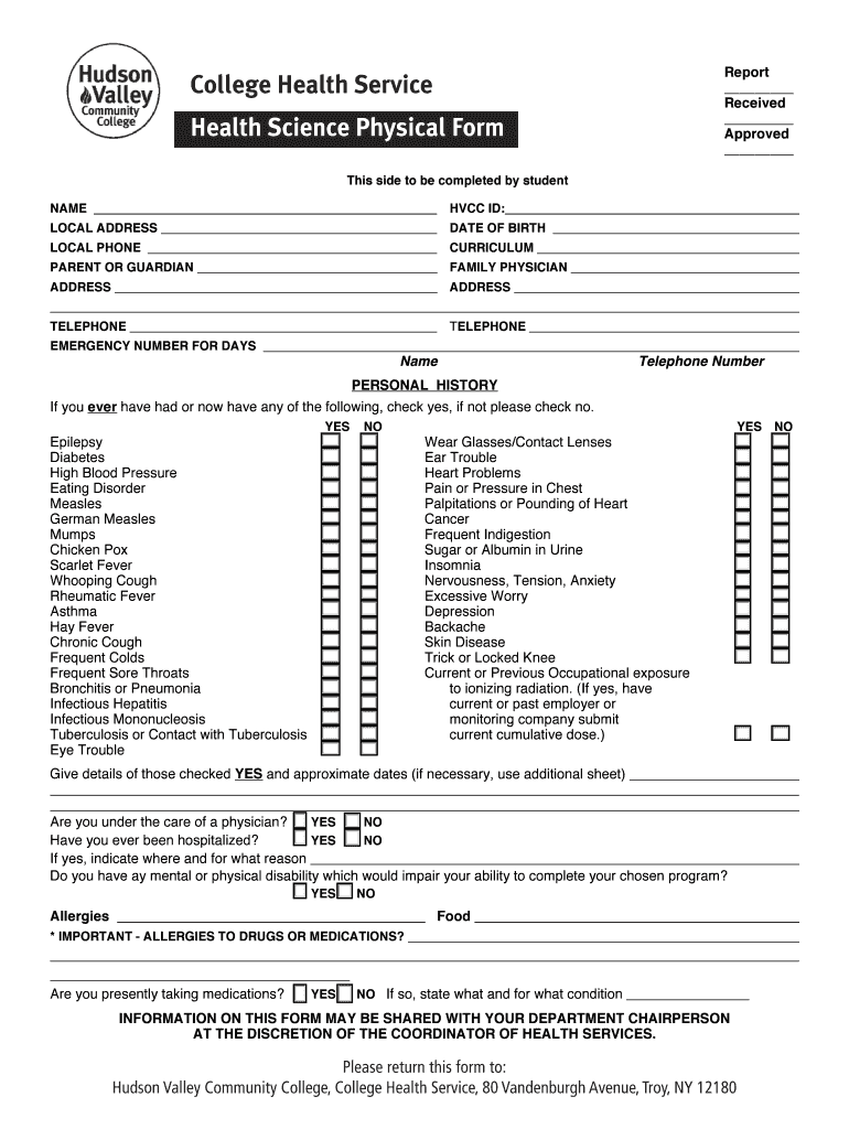 Fillable Online hvcc Health Science Physical Form Fax Email Print ...