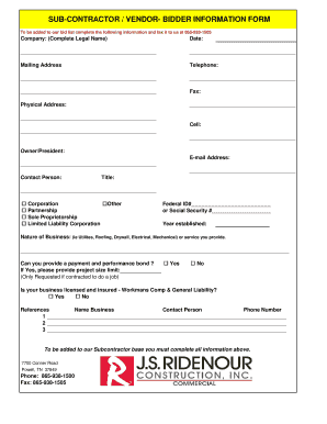 Fillable Online SUB-CONTRACTOR / VENDOR- BIDDER INFORMATION FORM Fax ...