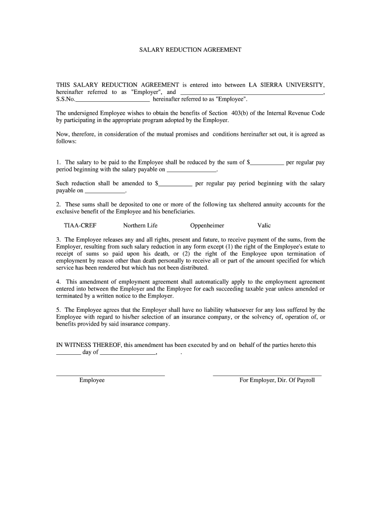Fillable Online lasierra SALARY REDUCTION AGREEMENT THIS SALARY ...