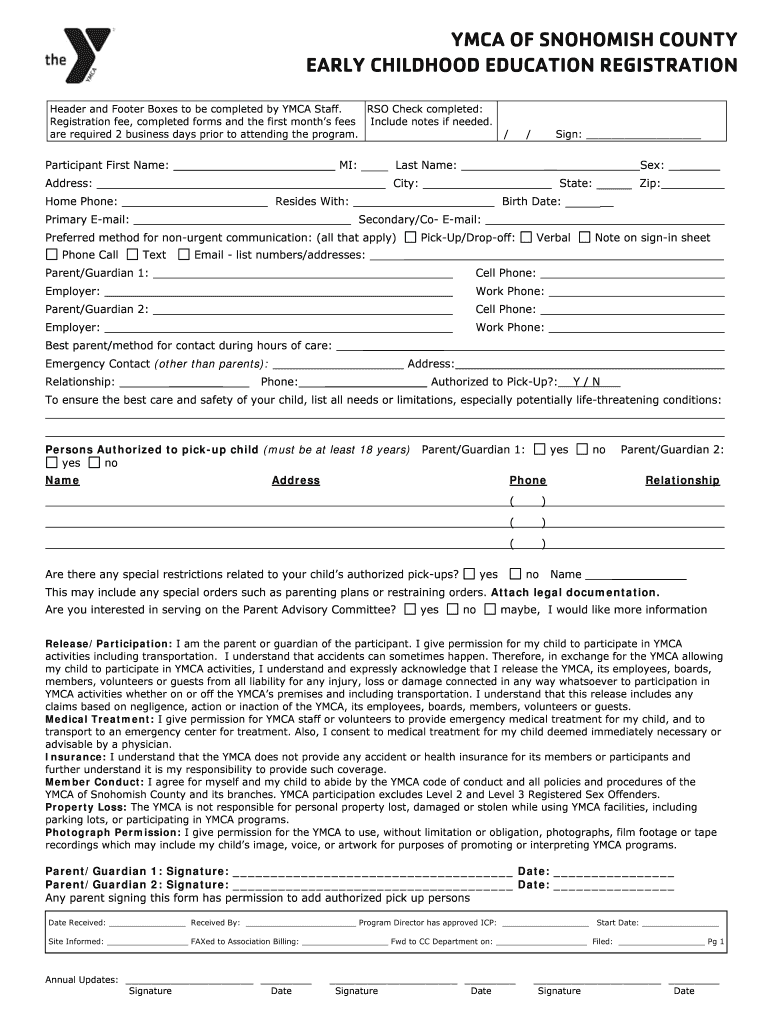 Fillable Online ymca-snoco ECE PROGRAMS AT THE EVERETT YMCA Fax Email ...