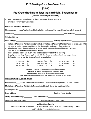 Fillable Online ava 2015 Starting Point Pre-Order Form $25.00 Pre-Order ...