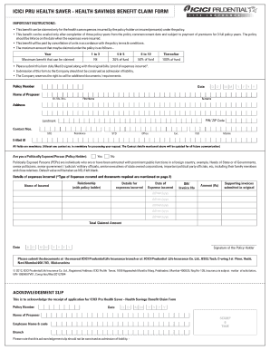 Fillable Online ICICI PRU HEALTH SAVER - HEALTH SAVINGS BENEFIT CLAIM ...