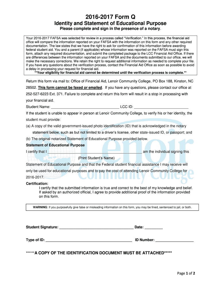 Fillable Online lenoircc 2016-2017 Form Q - Identity and Statement of ...