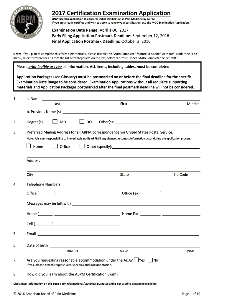 Fillable Online abpm 2017 Certification Examination Application Fax ...