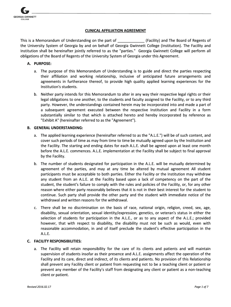 Fillable Online ggc This is a Memorandum of Understanding on the part of (Facility) and The ...