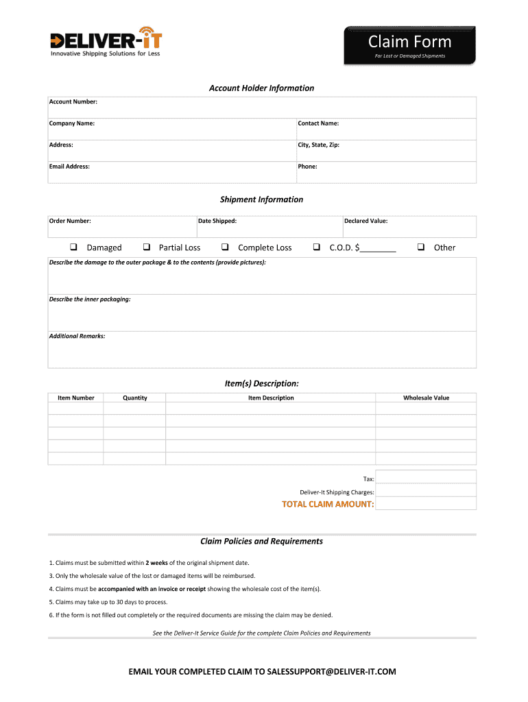 Fillable Online For Lost or Damaged Shipments Fax Email Print - pdfFiller