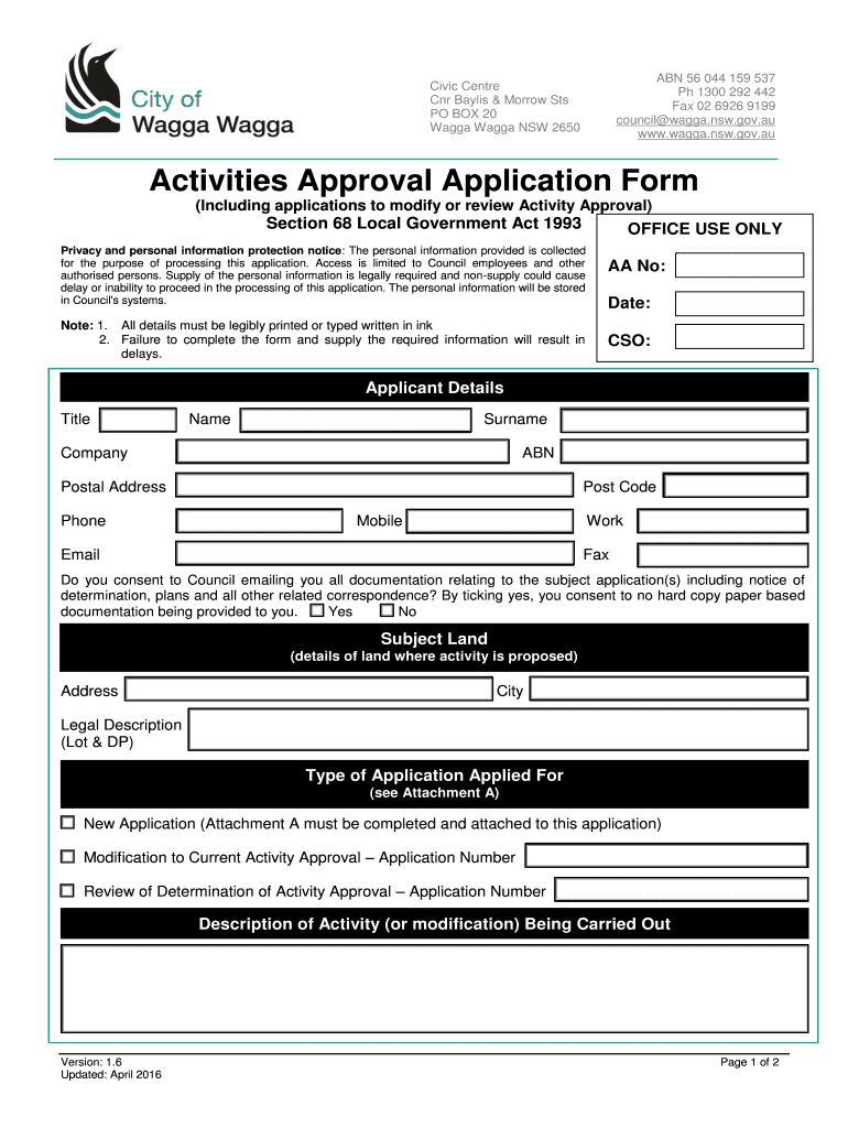 Fillable Online Activities Approval Application Form - Wagga City ...