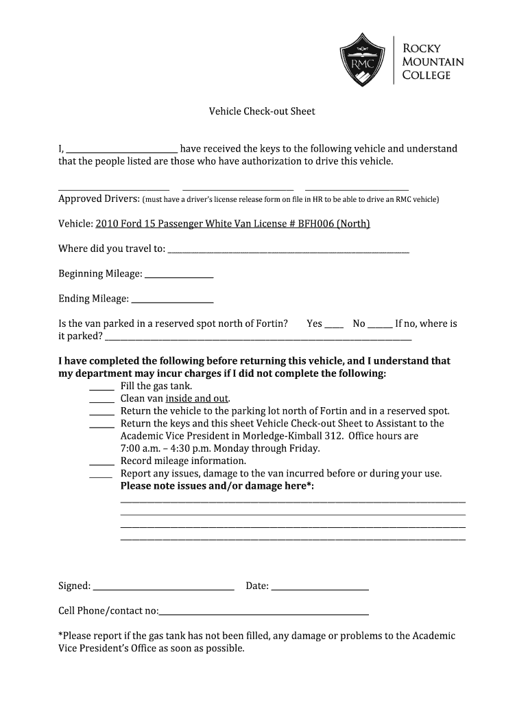 Fillable Online rocky Vehicle Check-out Sheet Fax Email Print - pdfFiller