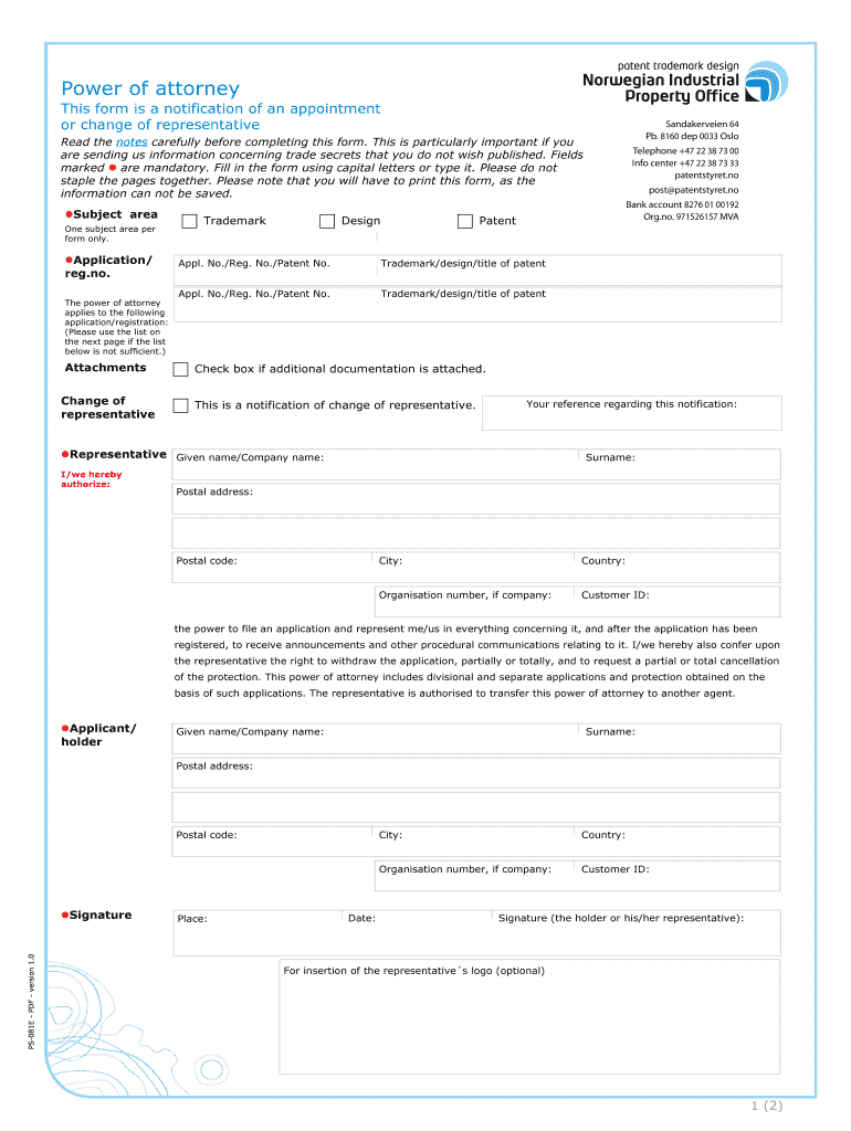 Fillable Online patentstyret Power of attorney - patentstyret.no Fax ...