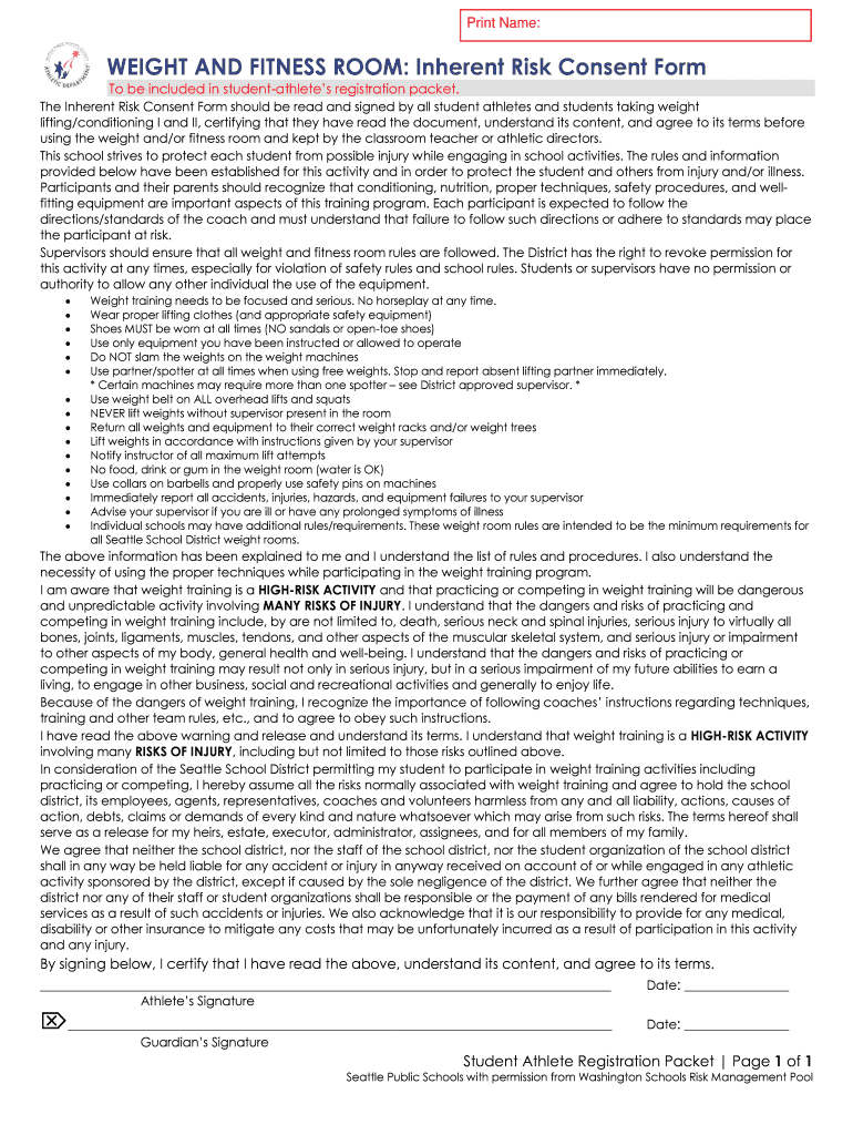 Fillable Online ballardhs seattleschools WEIGHT AND FITNESS ROOM ...