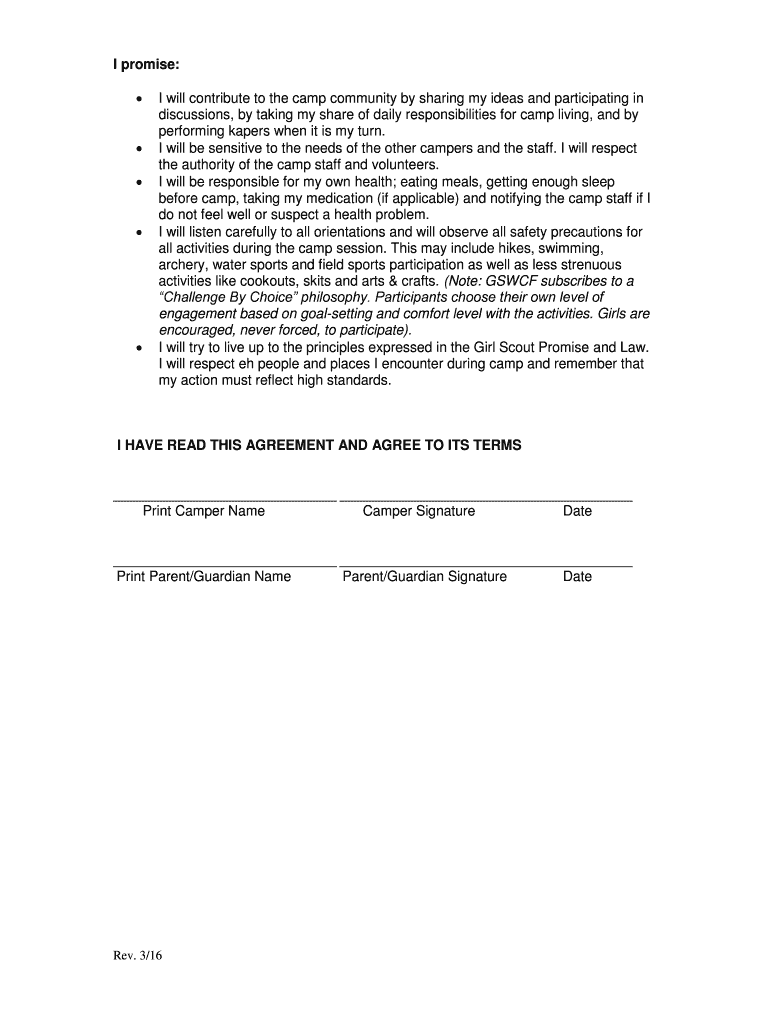 Fillable Online Parent/Youth Agreement. Summer Camp Form Fax Email ...