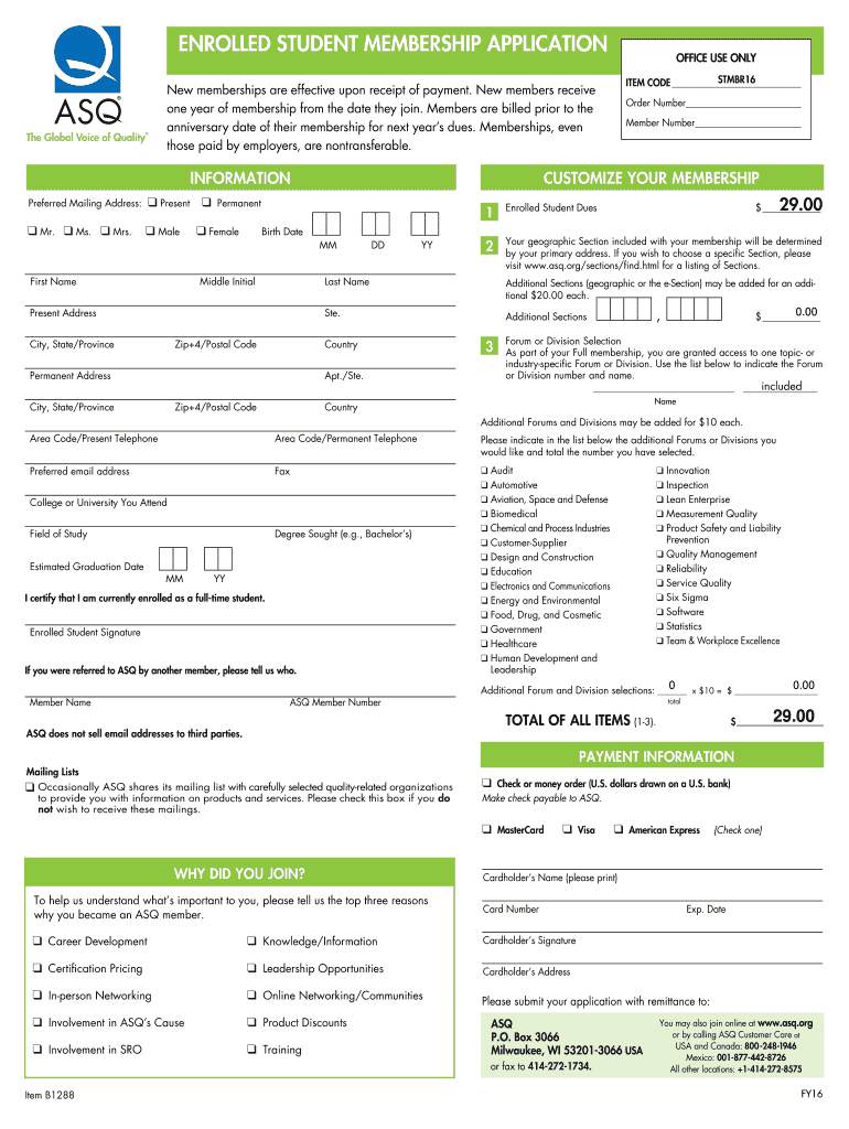 Fillable Online asq ASQ Student Membership Fax Email Print - pdfFiller