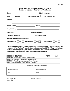 Fillable Online BUSINESS INTELLIGENCE CERTIFICATE COLLEGE OF BUSINESS ...