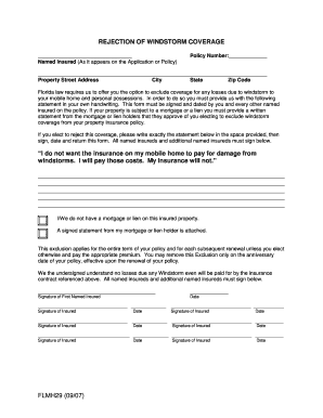 Fillable Online REJECTION OF WINDSTORM COVERAGE - I. B. Green Fax Email ...