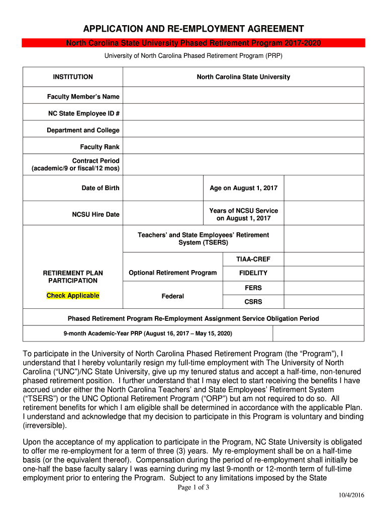 Fillable Online benefits hr ncsu APPLICATION AND RE-EMPLOYMENT ...