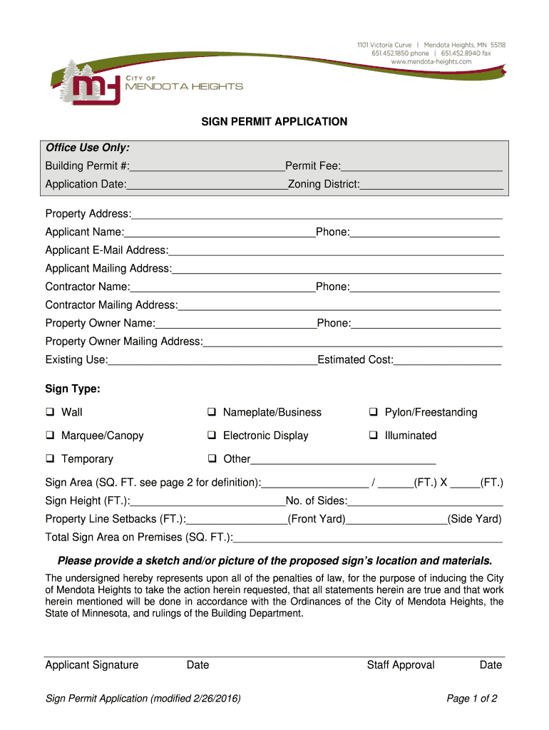 Fillable Online City of MH Sign Permit Application 02.26.16 Fax Email ...