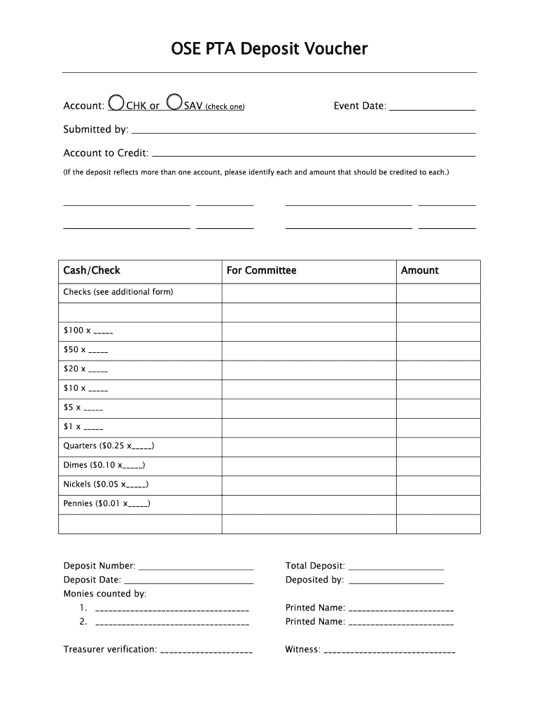 Fillable Online oldsettlerselementary my-pta PTA Deposit Voucher Fax ...