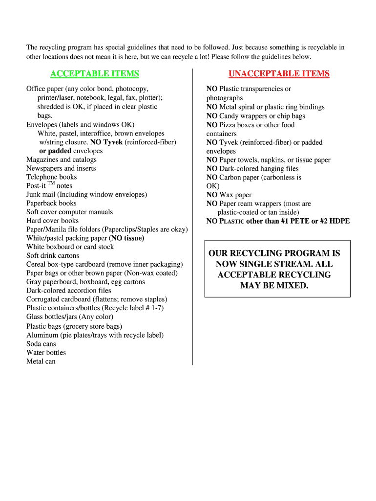 Fillable Online The recycling program has special guidelines that need to be followed Fax Email ...