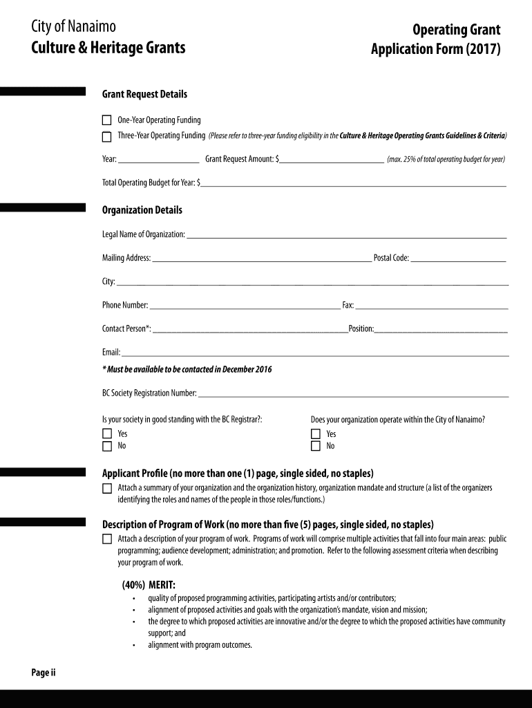 Fillable Online nanaimo Application for 2017 Culture & Heritage ... - the City of Nanaimo Fax ...
