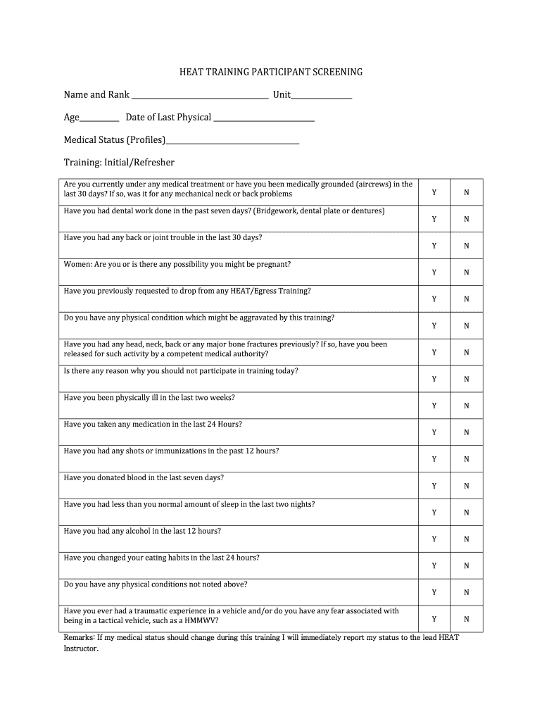 Fillable Online rucker army HEAT TRAINING PARTICIPANT SCREENING Name ...