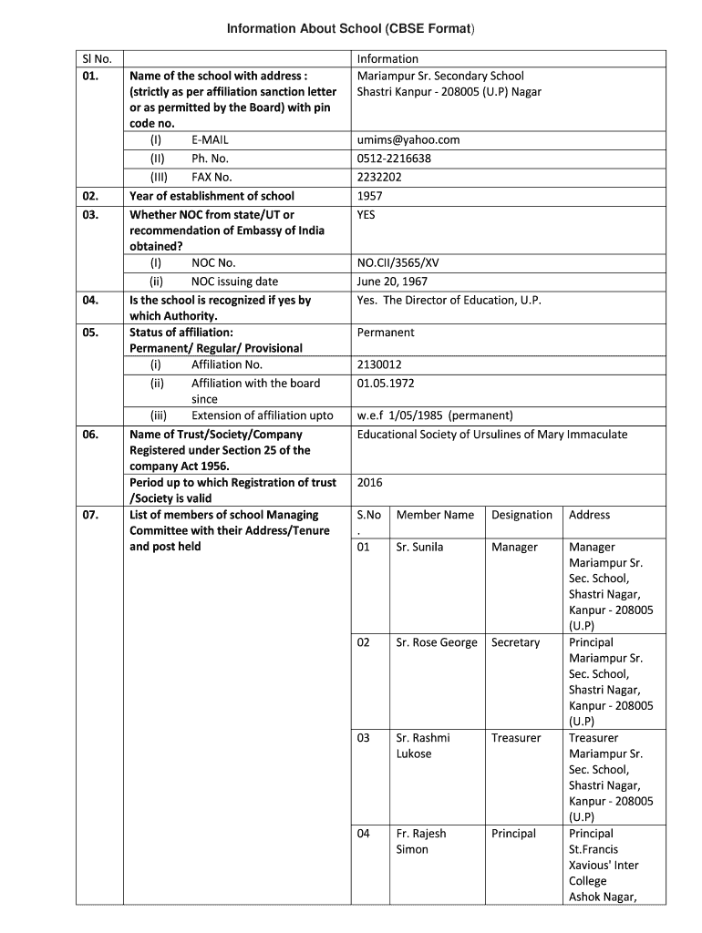 Fillable Online Information About School (CBSE Format) Fax Email Print ...