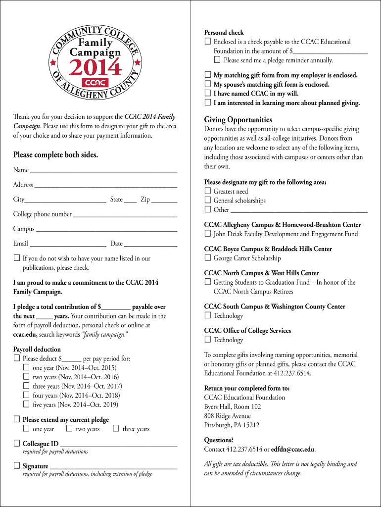Fillable Online ccac Thank you for donating to the - Community College of Allegheny ... Fax ...