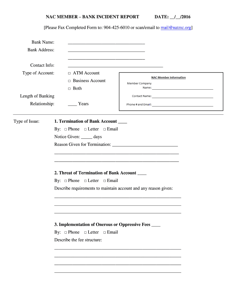 Fillable Online natmc NAC MEMBER BANK INCIDENT REPORT - natmc Fax Email ...