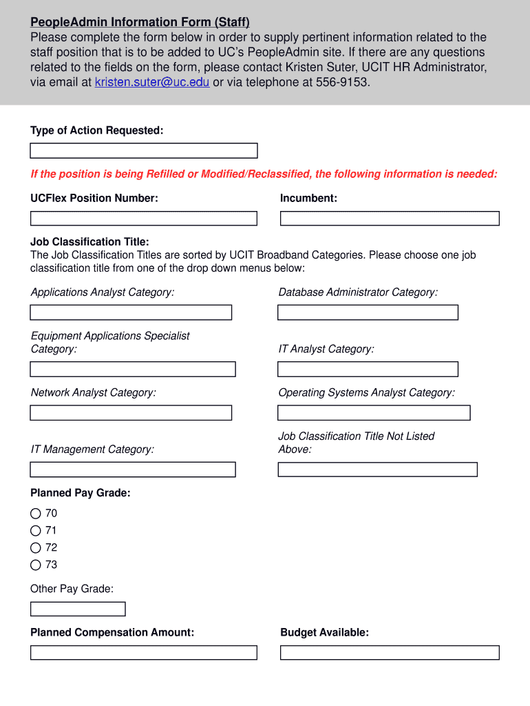 Fillable Online uc PeopleAdmin Information Form (Staff) Please complete ...
